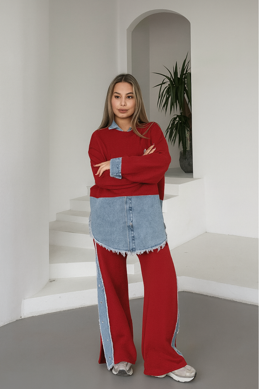 Buy Malia Knitted Soft Denim Co-ord Set In Maroon Online in India on ...